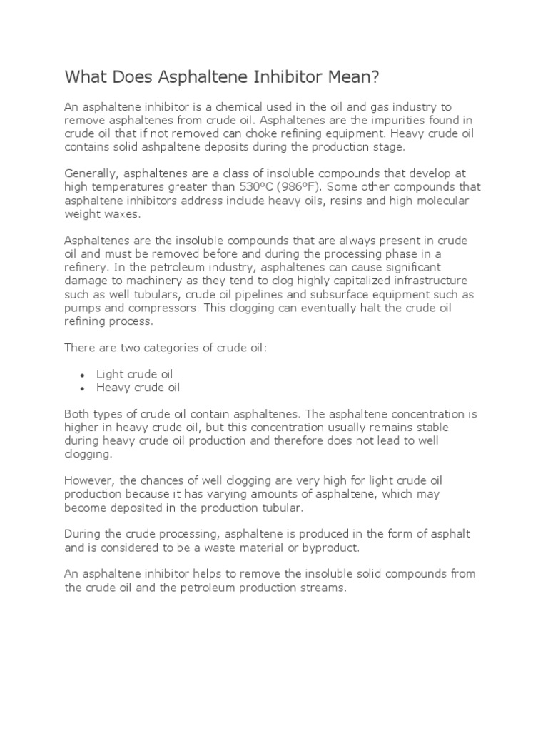 Asphaltene Inhibitor | PDF | Petroleum | Precipitation (Chemistry)