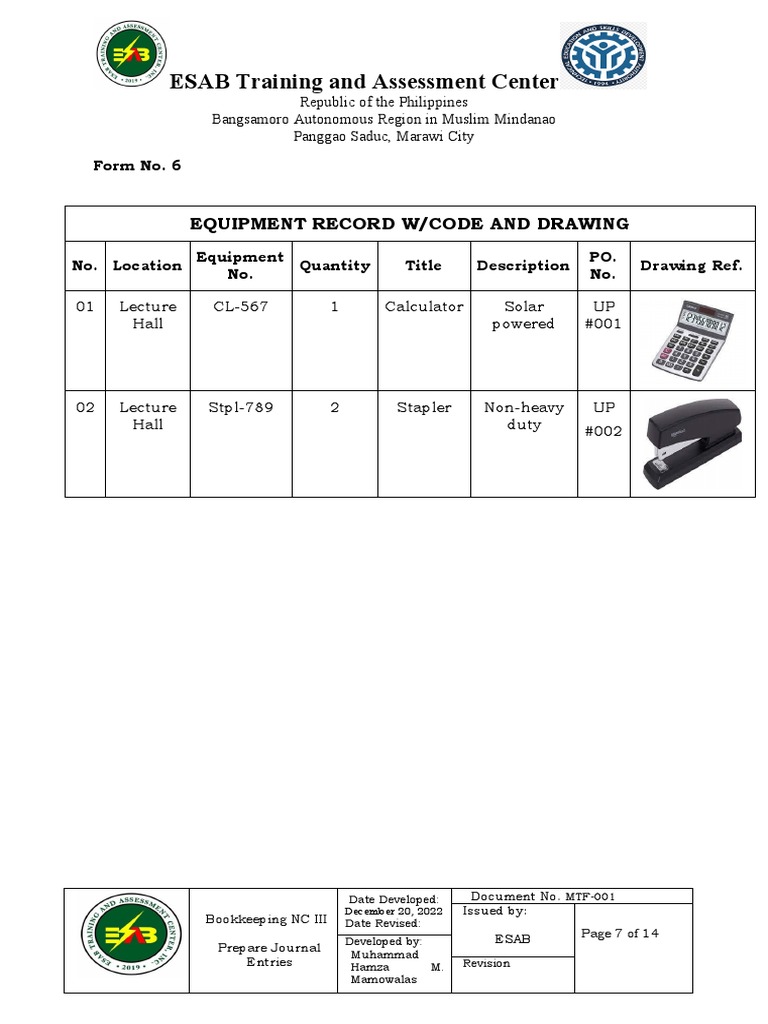 Equipment Record for ESAB Training Center | PDF