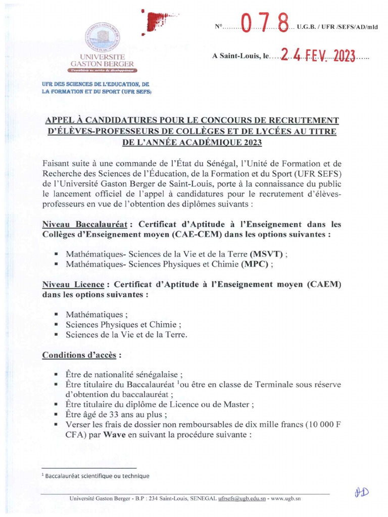 Appel À Candidatures Pour Le Concoures de Recrutement D'élèves Professeurs Pour L'année ...