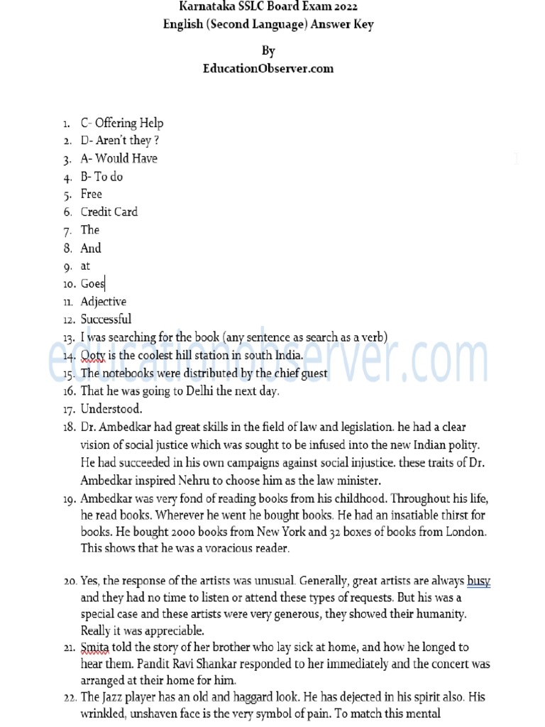 SSLC English Language Key Answers | PDF