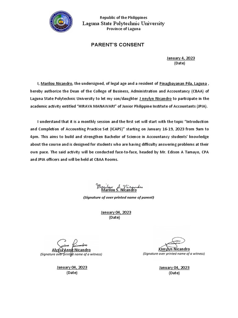 Parent Consent for Academic Activity | PDF