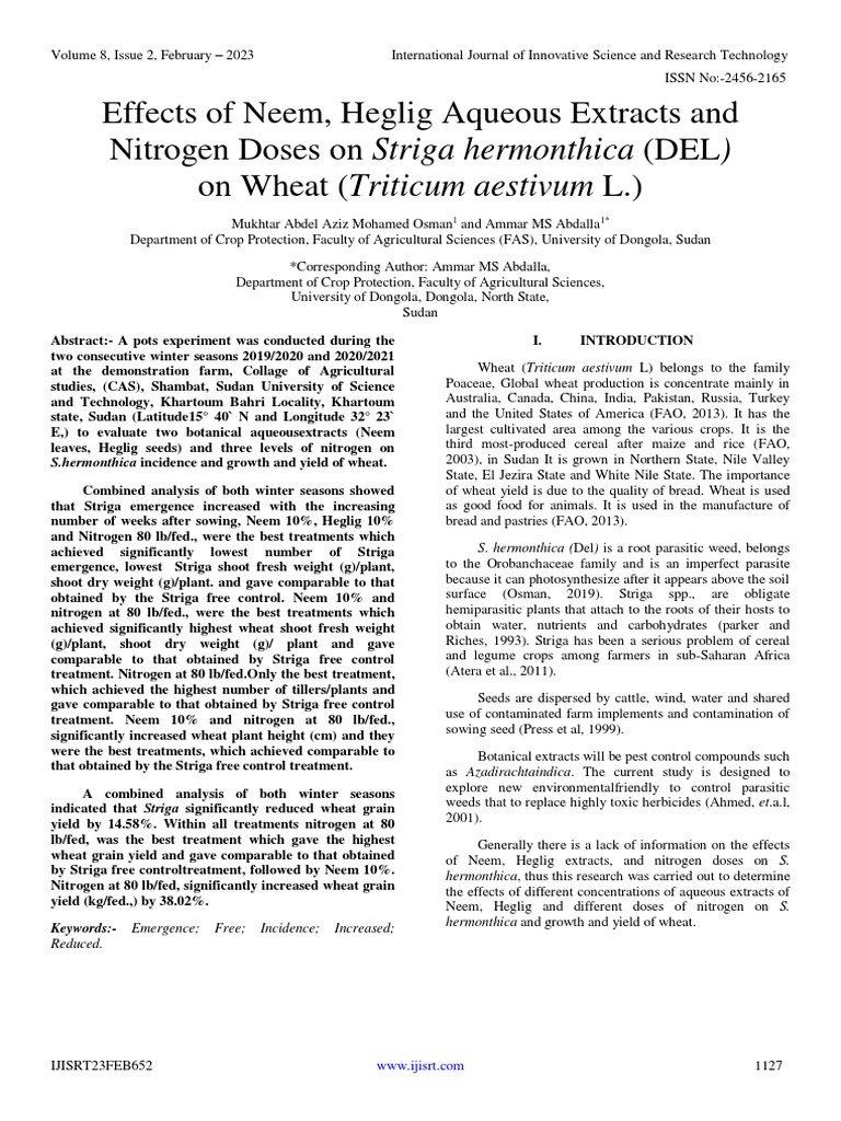 Effects of Neem, Heglig Aqueous Extracts and Nitrogen Doses On Striga ...