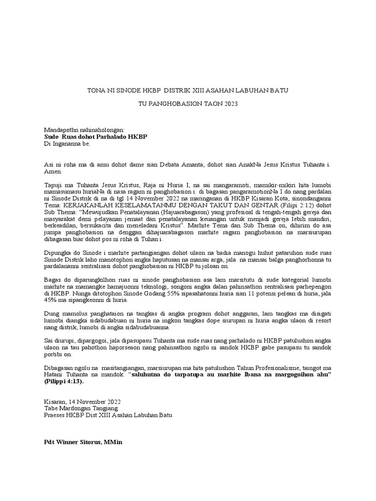 Tona Ni Sinode HKBP Distrik Xiii Asahan Labuhan Batu 2022 | PDF