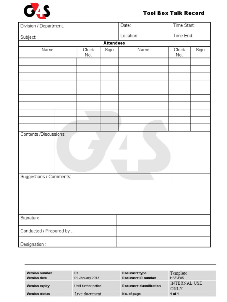 Toolbox Talk Record Template | PDF