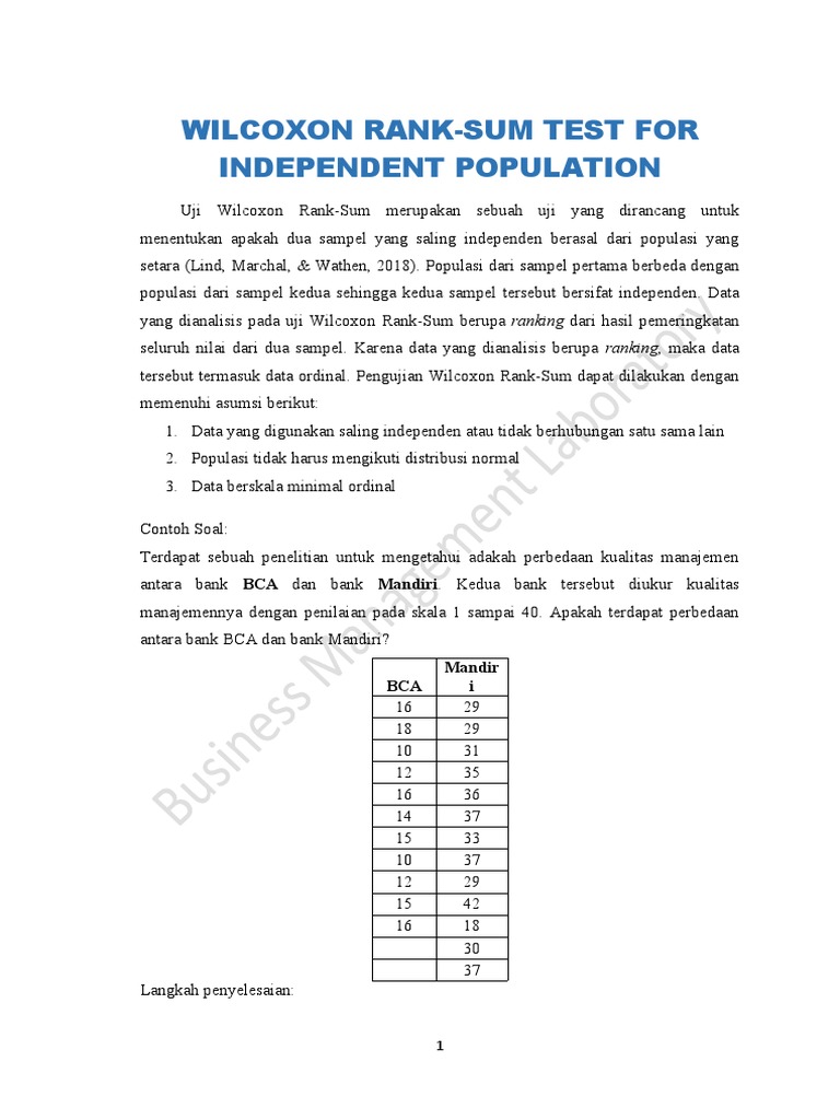 Wilcoxon Rank-Sum Test For Independent Population | PDF