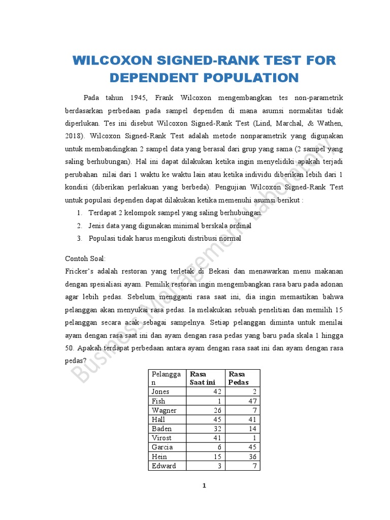 Wilcoxon Signed-Rank Test For Dependent Population | PDF