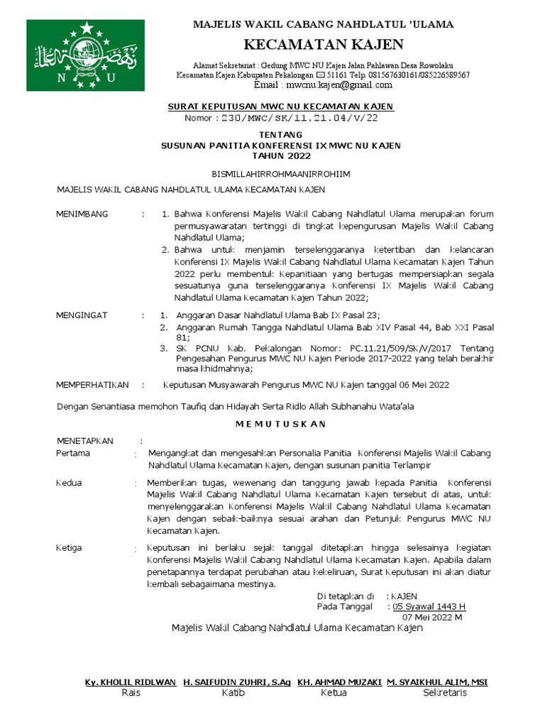 SK Panitia Konferensi MWC NU Kajen 2022 | PDF