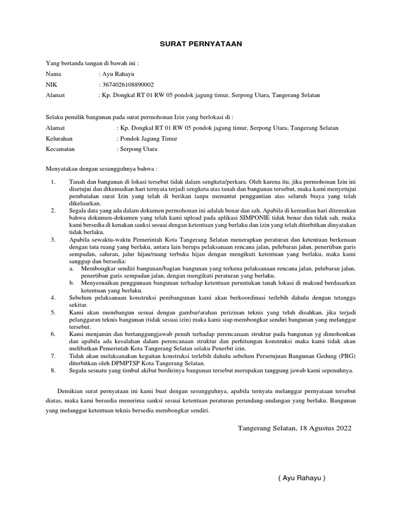 Contoh SURAT PERNYATAAN - Untuk - KRK Ayu | PDF