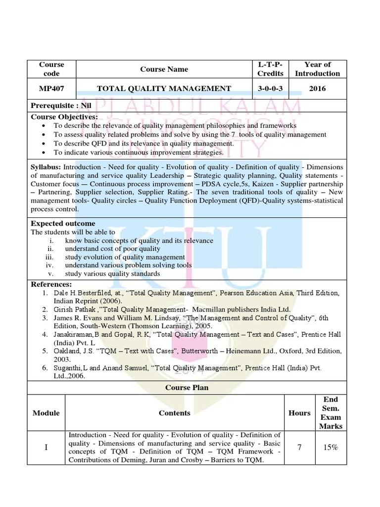 MP407 Total Quality Management | PDF | Quality Management | Systems Science
