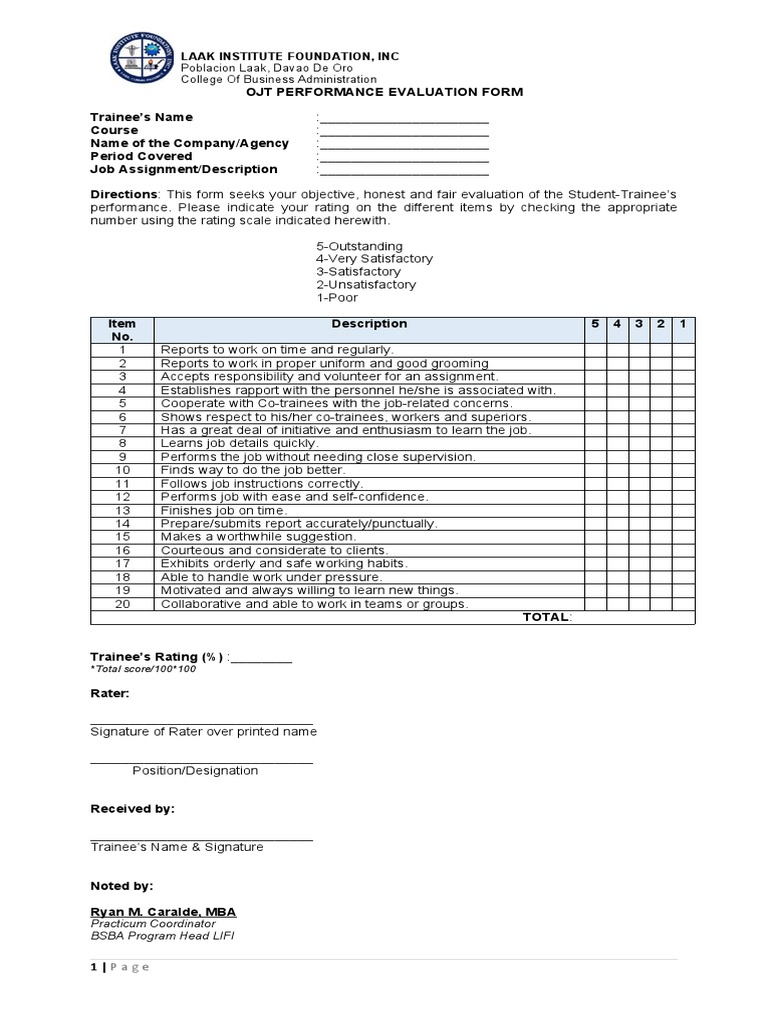 Ojt Performance Evaluation Form | PDF | Performance Appraisal ...