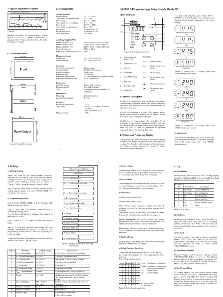 MU350 3-Phase Voltage Relay Technical Overview | PDF | Relay | Alternating Current