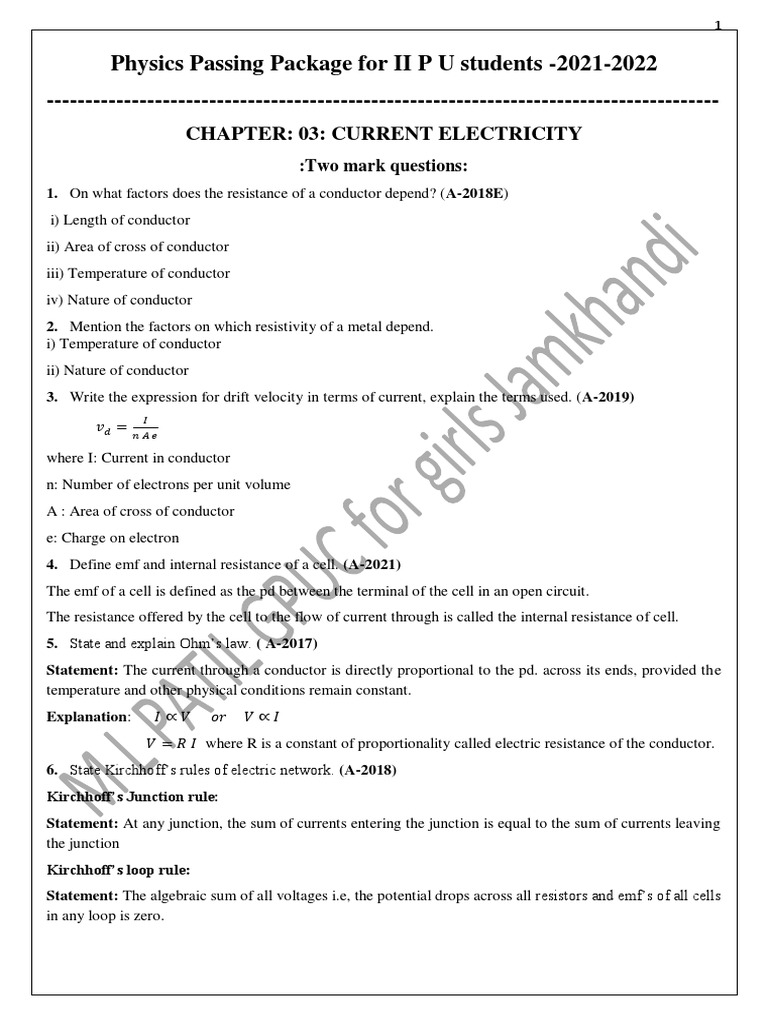Physics Guide for II PU Students | PDF | Rectifier | Electrical Resistivity And Conductivity