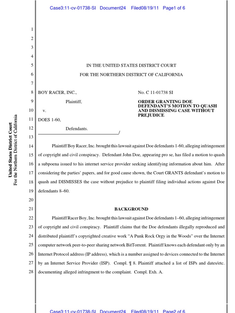 011-Cv-01738 Document 24 Order Granting Motion to Quash | Peer To Peer ...