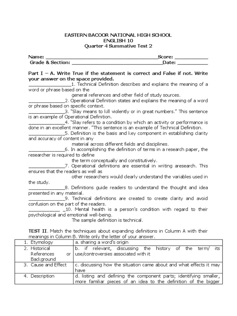 Q4 Summative Test 2 - Performance Task 2 Week 3 4 | PDF | Definition | Word