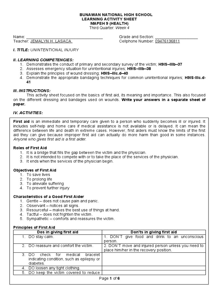 LAS MAPEH 9 Q3 W4 Health | PDF | First Aid | Wound