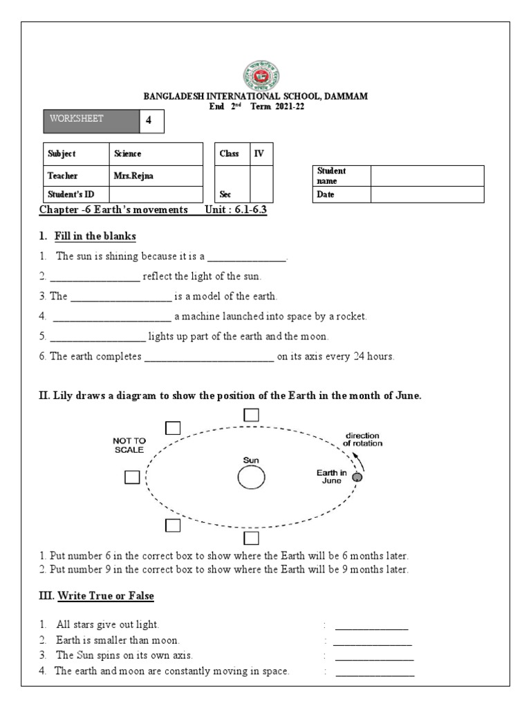 Grade 4 Science: Earth's Movements Worksheet | PDF | Moon | Earth