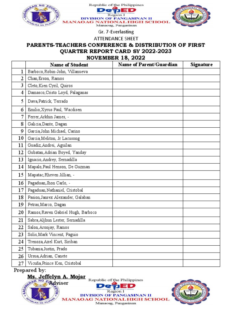 Attendance Sheet (PTA MEETING-CARD DAY) | PDF
