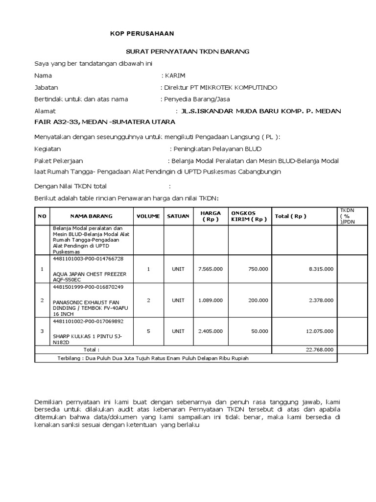 Formulir Pernyataan TKDN Barang Alat Kantor 2022 | PDF