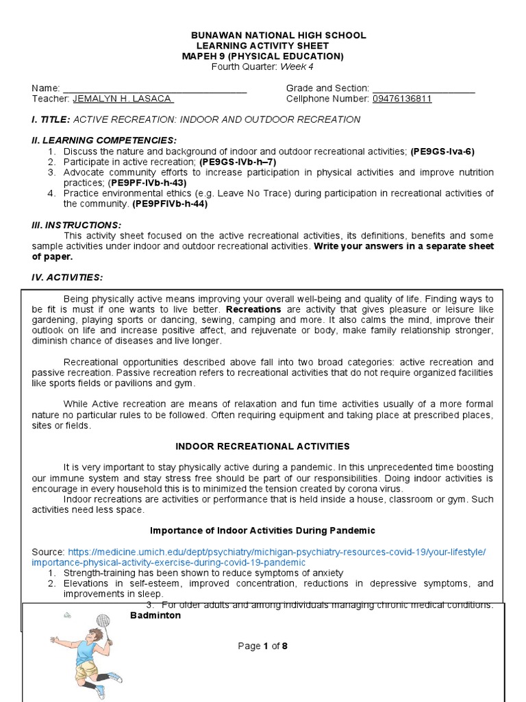 BNHS Learning Activity Sheet focuses on Indoor and Outdoor Recreation ...