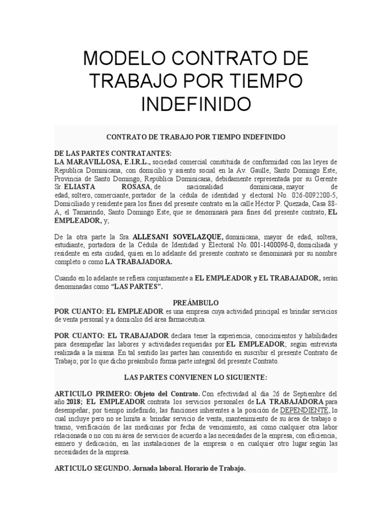 Modelo Contrato de Trabajo Por Tiempo Indefinido | PDF | Salario ...