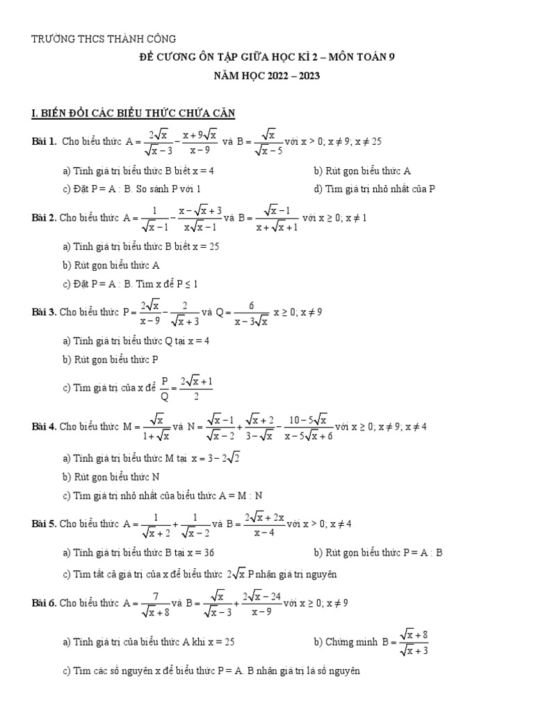 De Cuong Giua Ky 2 Toan 9 Nam 2022 2023 Truong Thcs Thanh Cong Ha Noi | PDF