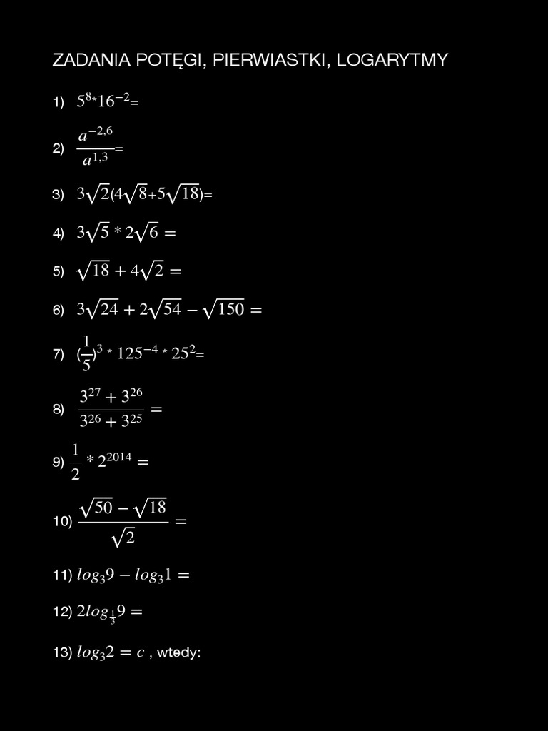 Potęgi, Pierwiastki, Logarytmy - Zadania | PDF