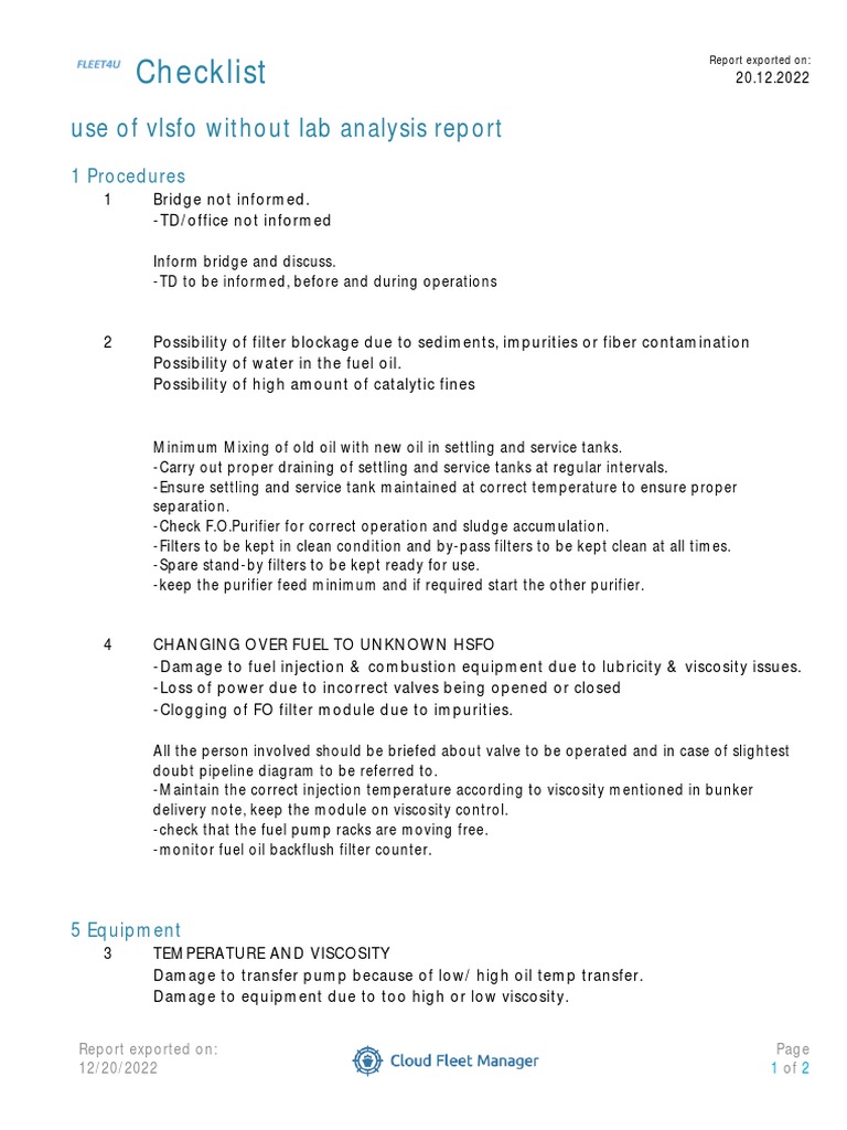 VLSFO Fuel Oil Analysis Checklist | PDF | Fuel Oil | Pump