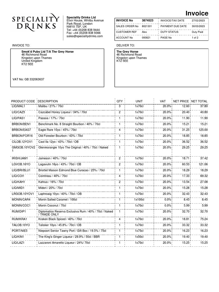 Speciality Drinks Invoice | PDF | Invoice | Value Added Tax