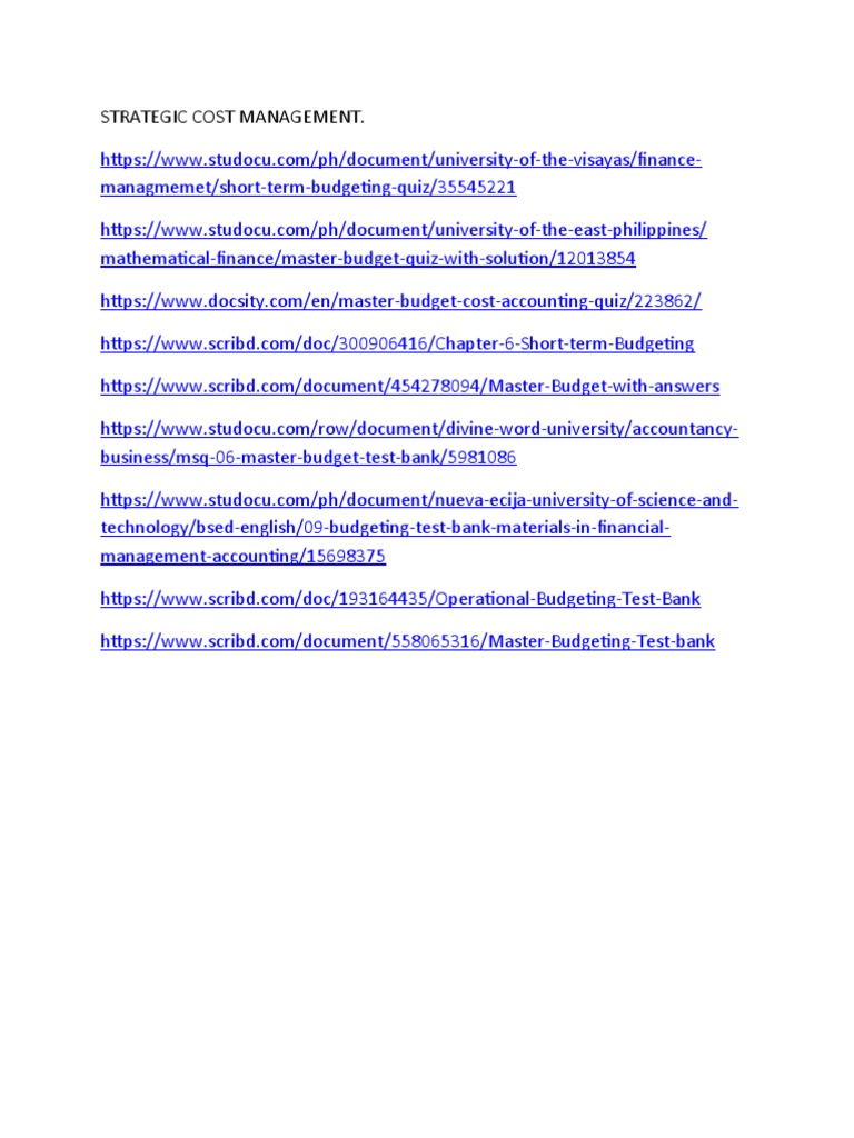 Strat Cost Test Bank Budgeting | PDF | Business