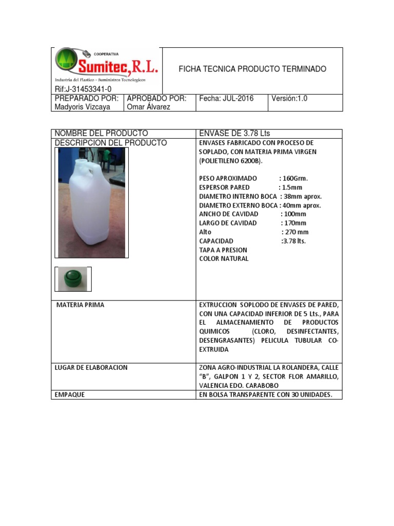 Ficha Tenica Envases de Galon | PDF