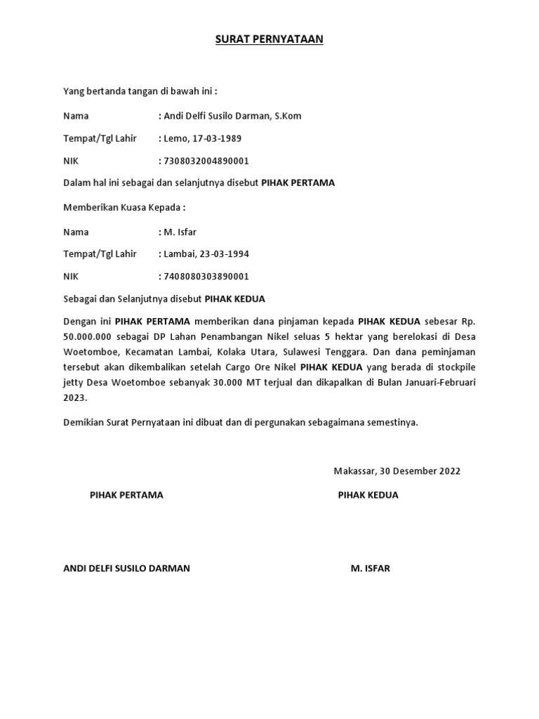 Contoh SURAT PERNYATAAN | PDF