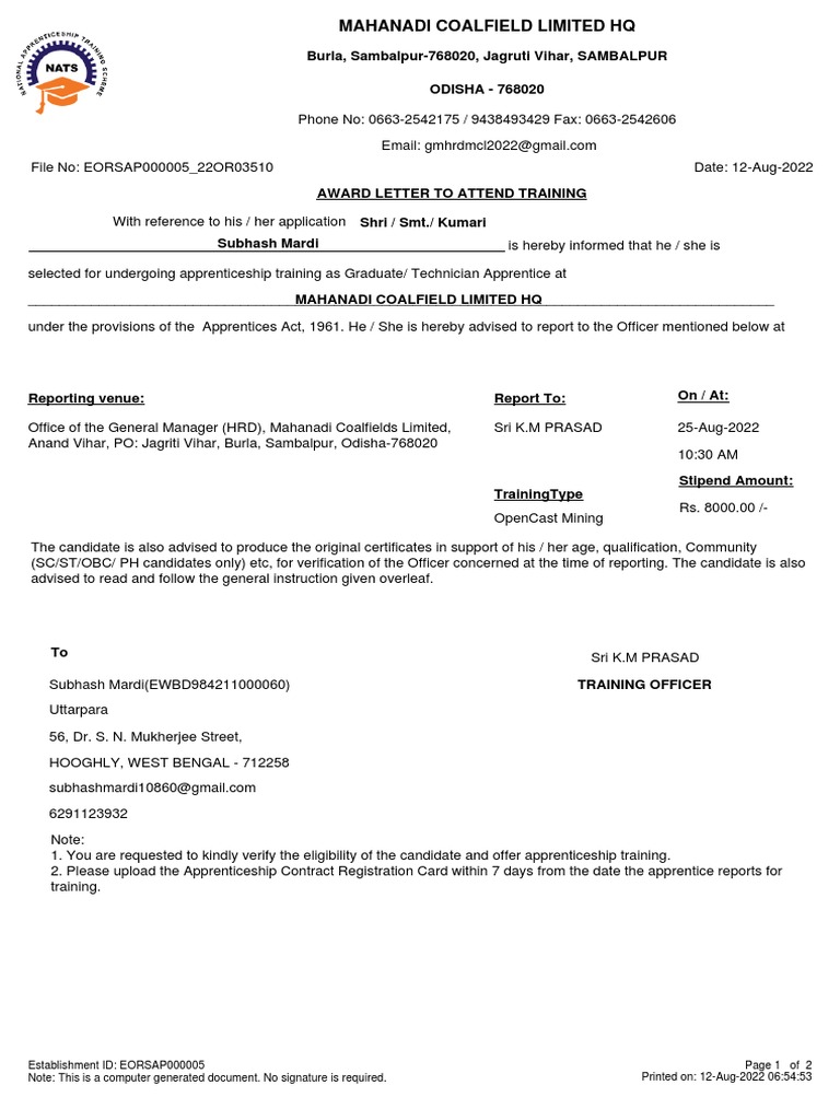 Award Letter | PDF | Apprenticeship | Employment