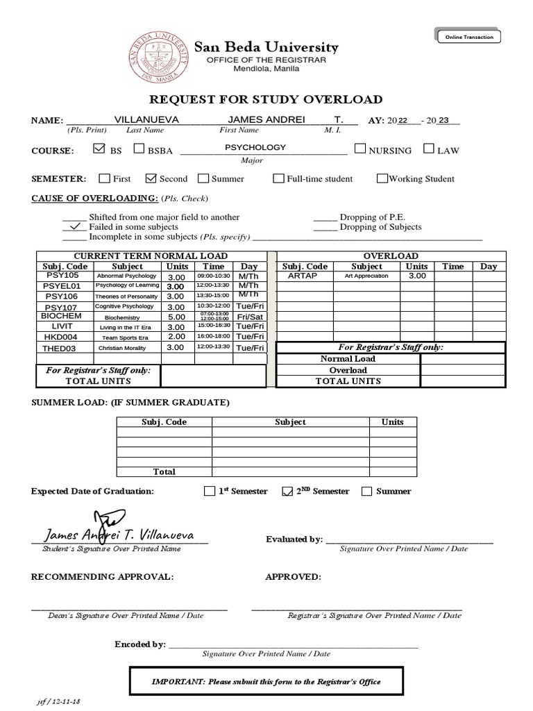 Form No 11 - Request For Study Overload v.2 | PDF
