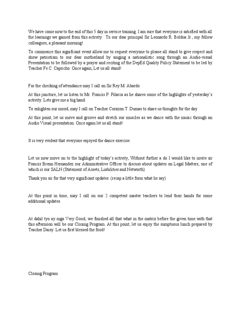 Emcee Script Inset 2023 After Pandemic | PDF