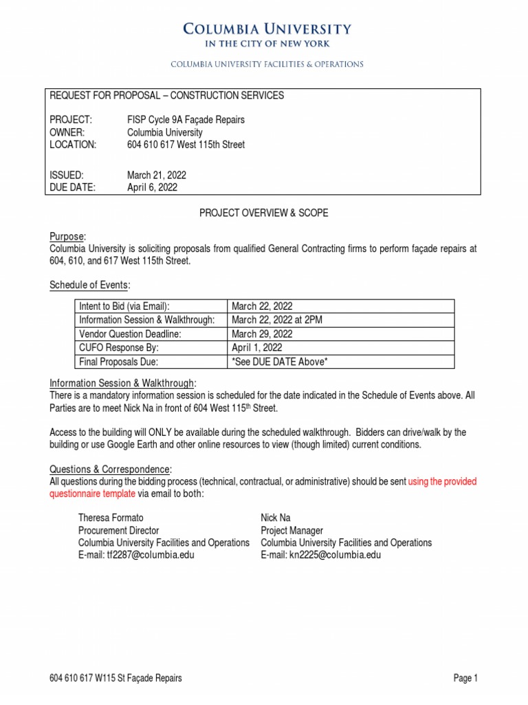 01 - RFP Facade Repairs - 604 610 617 W115 | PDF | Request For Proposal ...