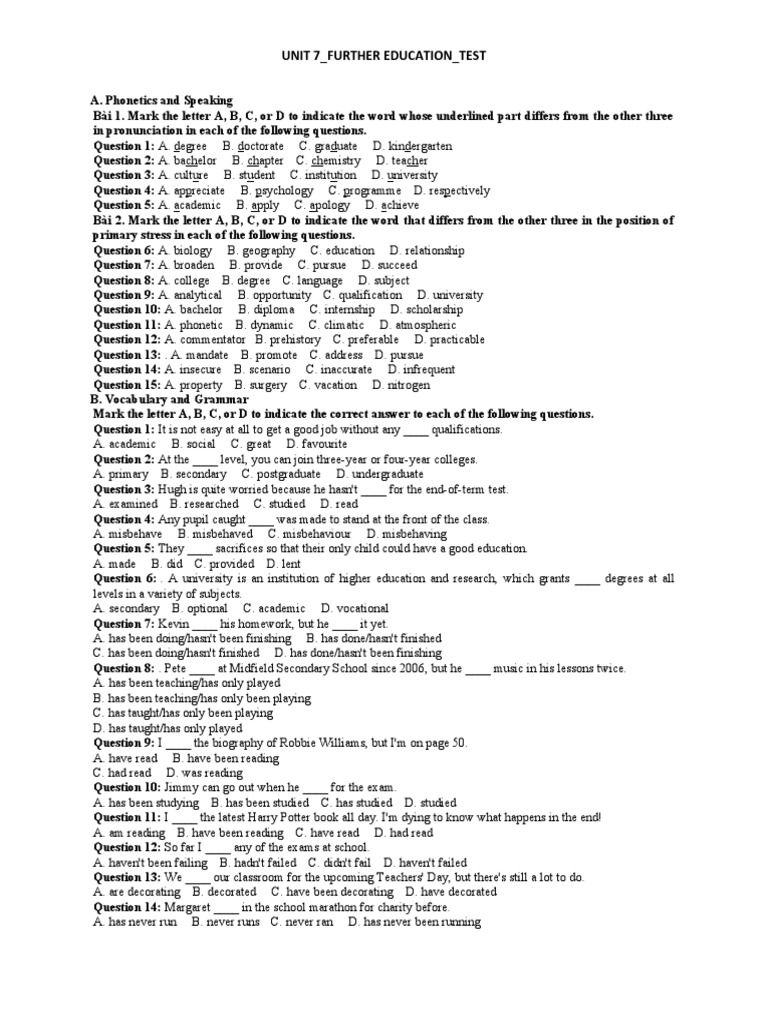 g11 Test Unit 7 Further Education | PDF