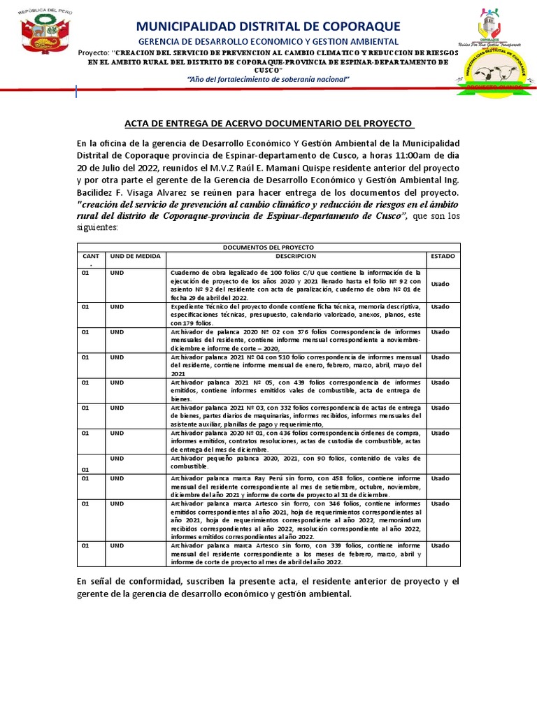 Acta de Entrega de Acervo Documentario Del Proyecto | PDF