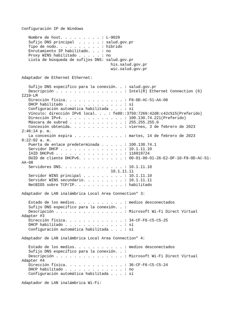 Ipconfig All | PDF | Dirección IP | Telecomunicaciones