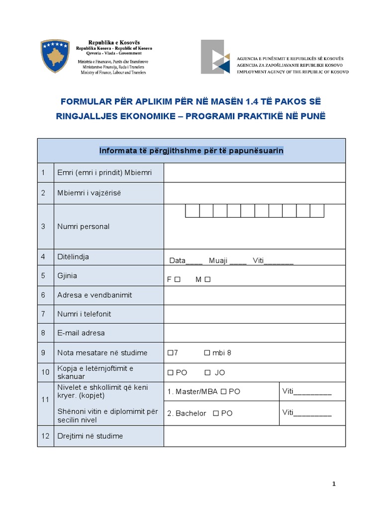 Formular Për Aplikim Për Në Masën 1.4 Të Pakos Së Ringjalljes Ekonomike ...