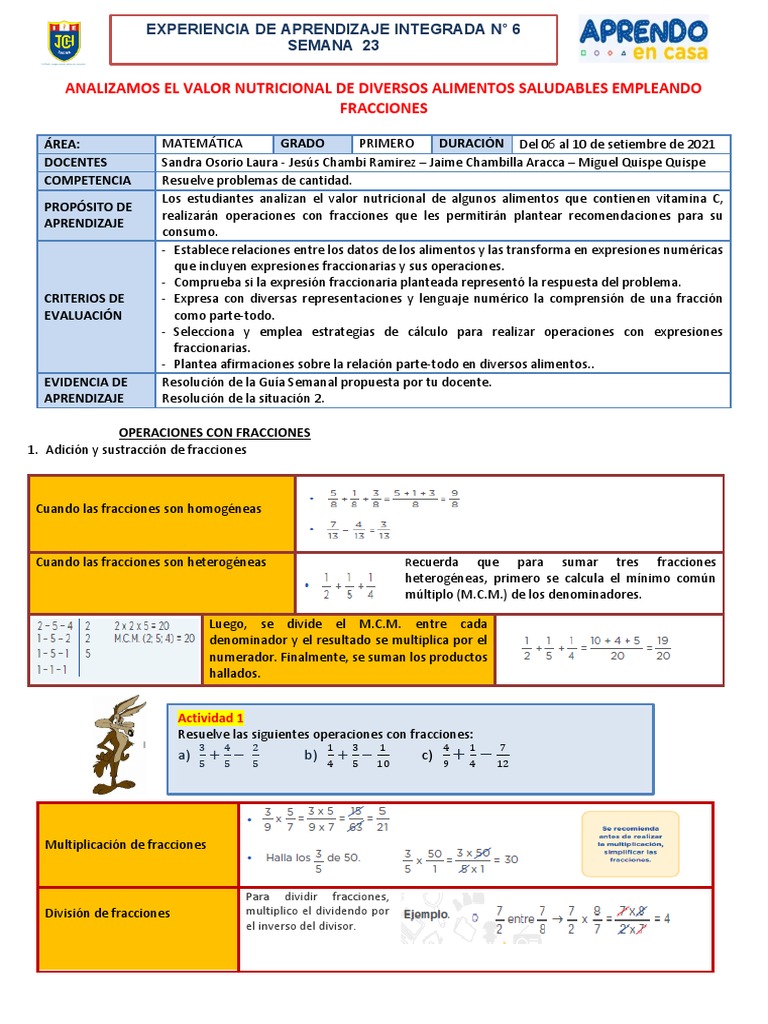 Guia1° Sem23 Mat Exp6 | PDF | Alimentos | Matemáticas