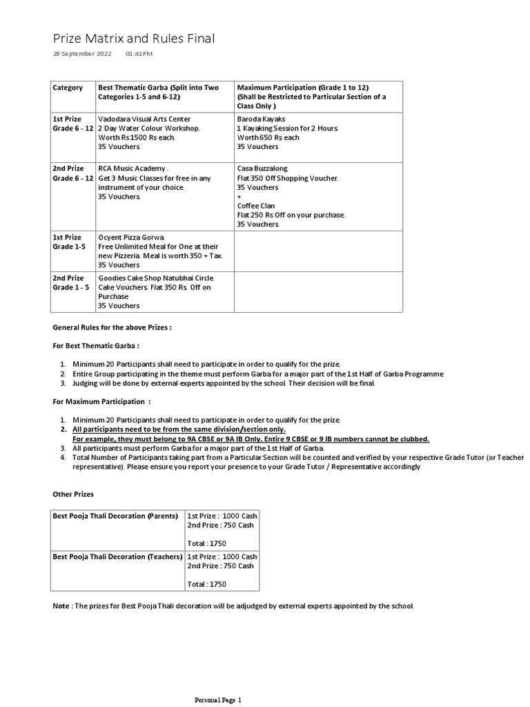 Prize Matrix and Final Rules | PDF