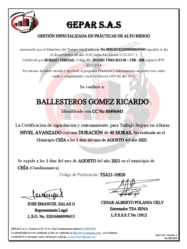 Certificación Trabajo Seguro en Alturas | PDF