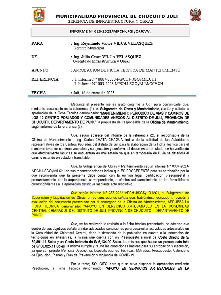 INFORME #025-2023 LLLLLJ SOLICITA Aprobacion de Ficha Tecnica ...
