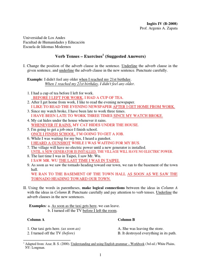 Verb Tenses Exercises Answers | PDF | Mark Twain | Sri Lanka