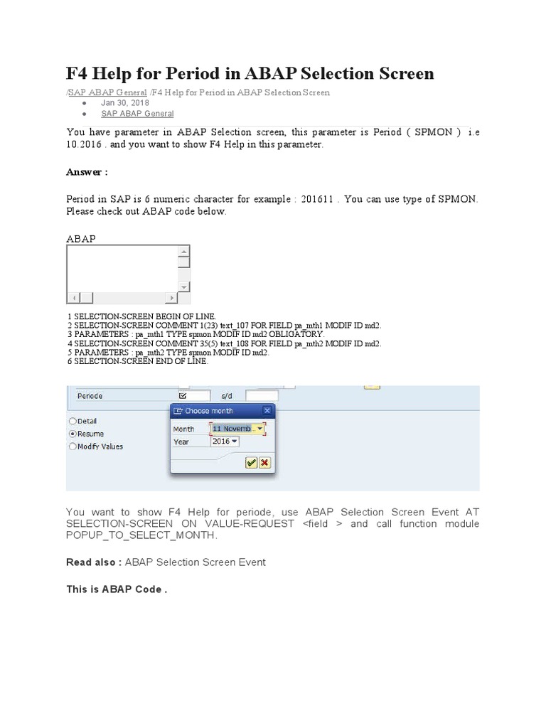 F4 Help For Period in ABAP Selection Screen | PDF