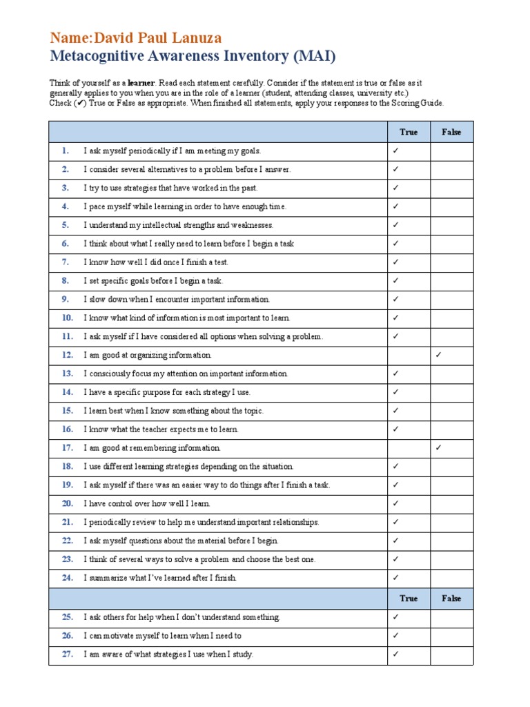 Metacognitive Awareness Inventory Pdf Reading Comprehension Learning