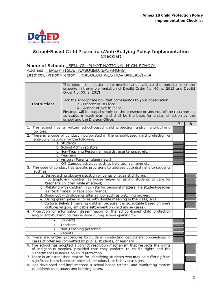 Sip Annex 2b Child Protection Policy Implementation Checklist | PDF