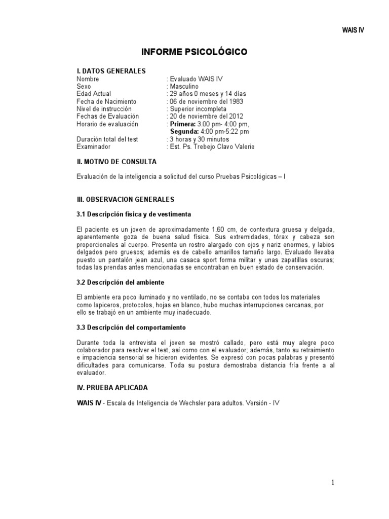 Informe Wais Iv - Modelo | PDF | Escala de inteligencia para adultos de ...