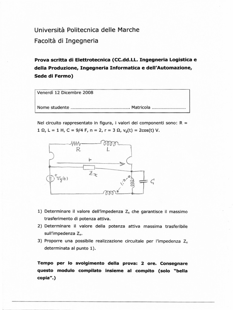 Esame-12DIC2008 Elettrotecnica | PDF