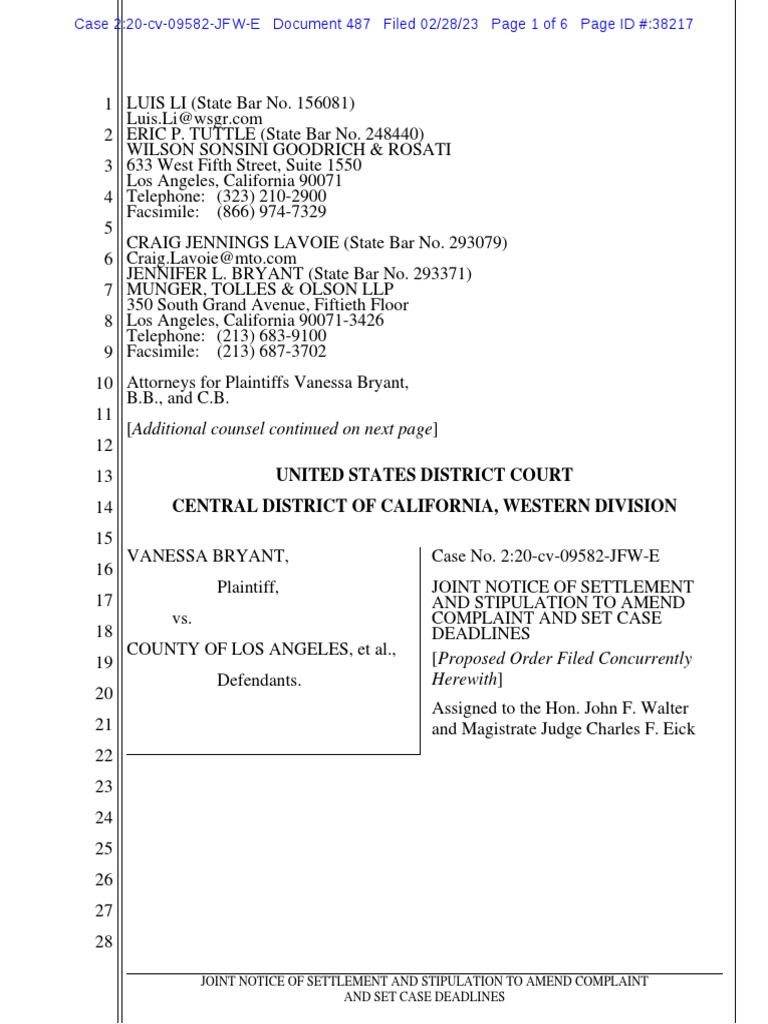 Bryant V LA County Settlement Notice | PDF | Complaint | Federal Rules ...